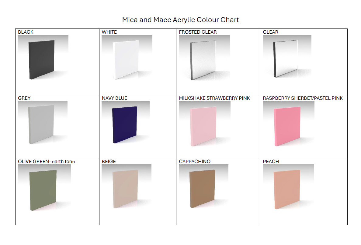 ACRYLIC COLOUR CHART – Mica & Macc